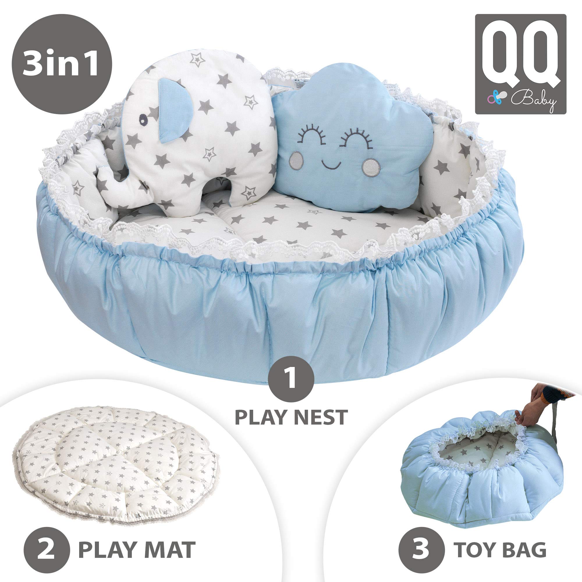Baby Play Nest Sleeping Bed & Play Mat & Toy Bag | 100% Turkish Cotton | Multi-Functional & Adjustable | 3 Color Variations | 2 Decorative Pillows & Round Shape by QQ Baby