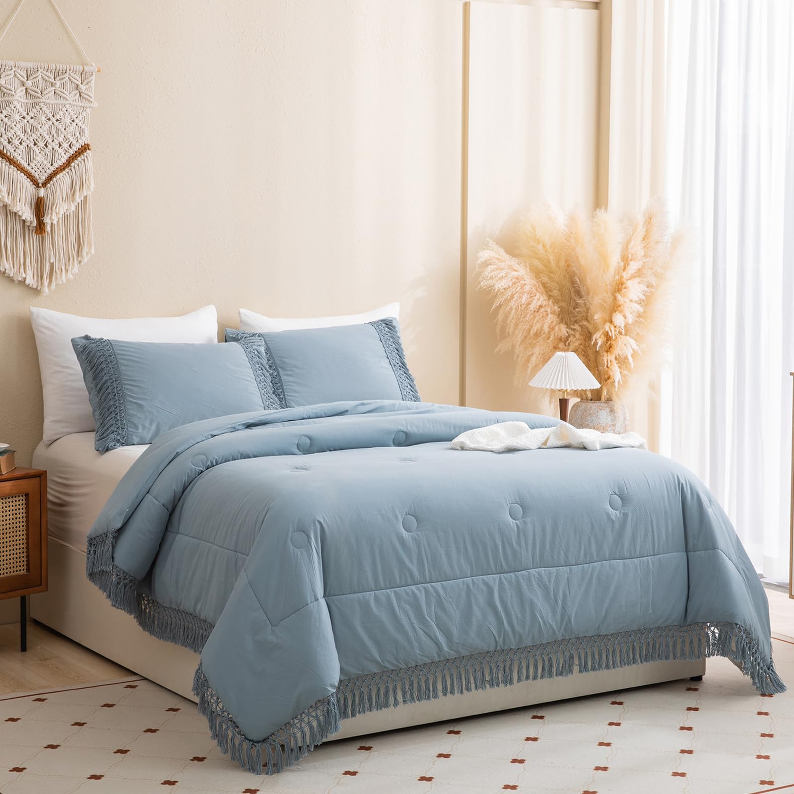 Boho Queen Comforter Farmhouse Comforter Set Shabby Chic Fringe Tufted Tassel Design Linen Like Textured Beding Comforter 1 Bohemian Comforter 2 Pillowcases (Blue, Queen)