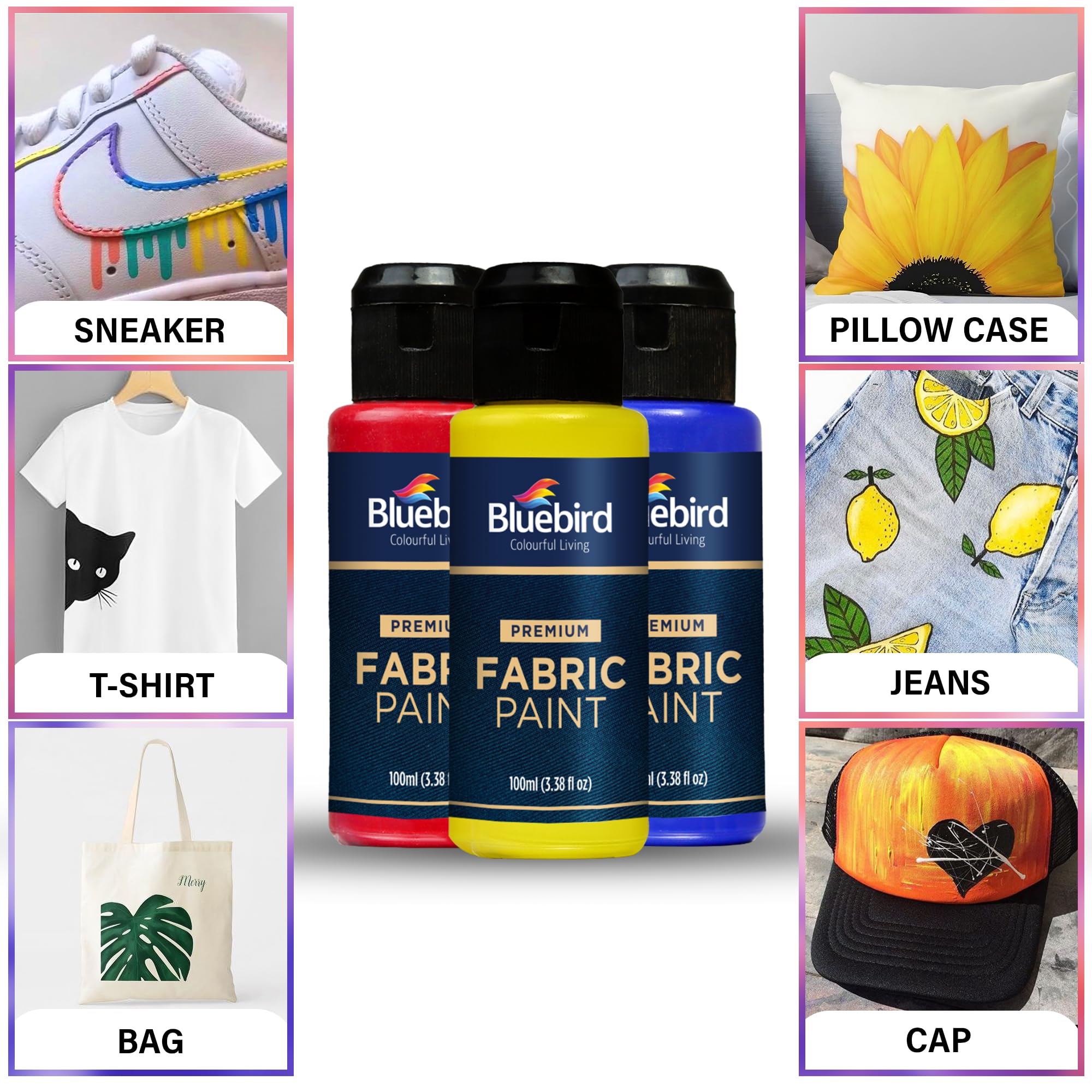 BLUEBIRD Fabric Paint, White, 3.4 Fl Oz, Permanent Fabric Paints for Clothes, Furniture Upholstery