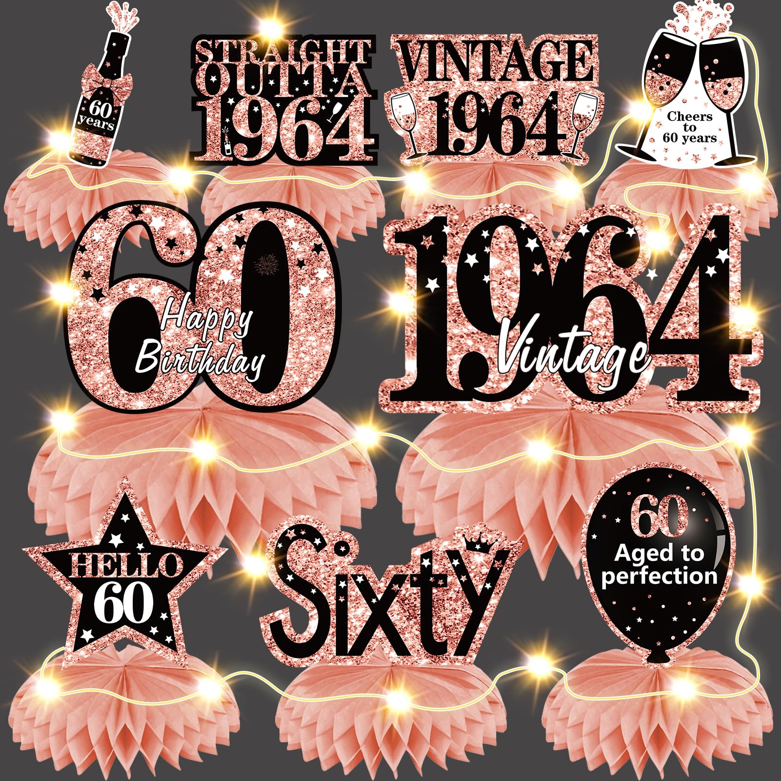 Bumqviy 9Pcs 60th Birthday Honeycomb Centerpieces Decorations with String Lights for Women, Rose Gold Pink Happy 60 Birthday Table Party Supplies, Vintage 1964 Aged to Perfection Birthday Table Sign