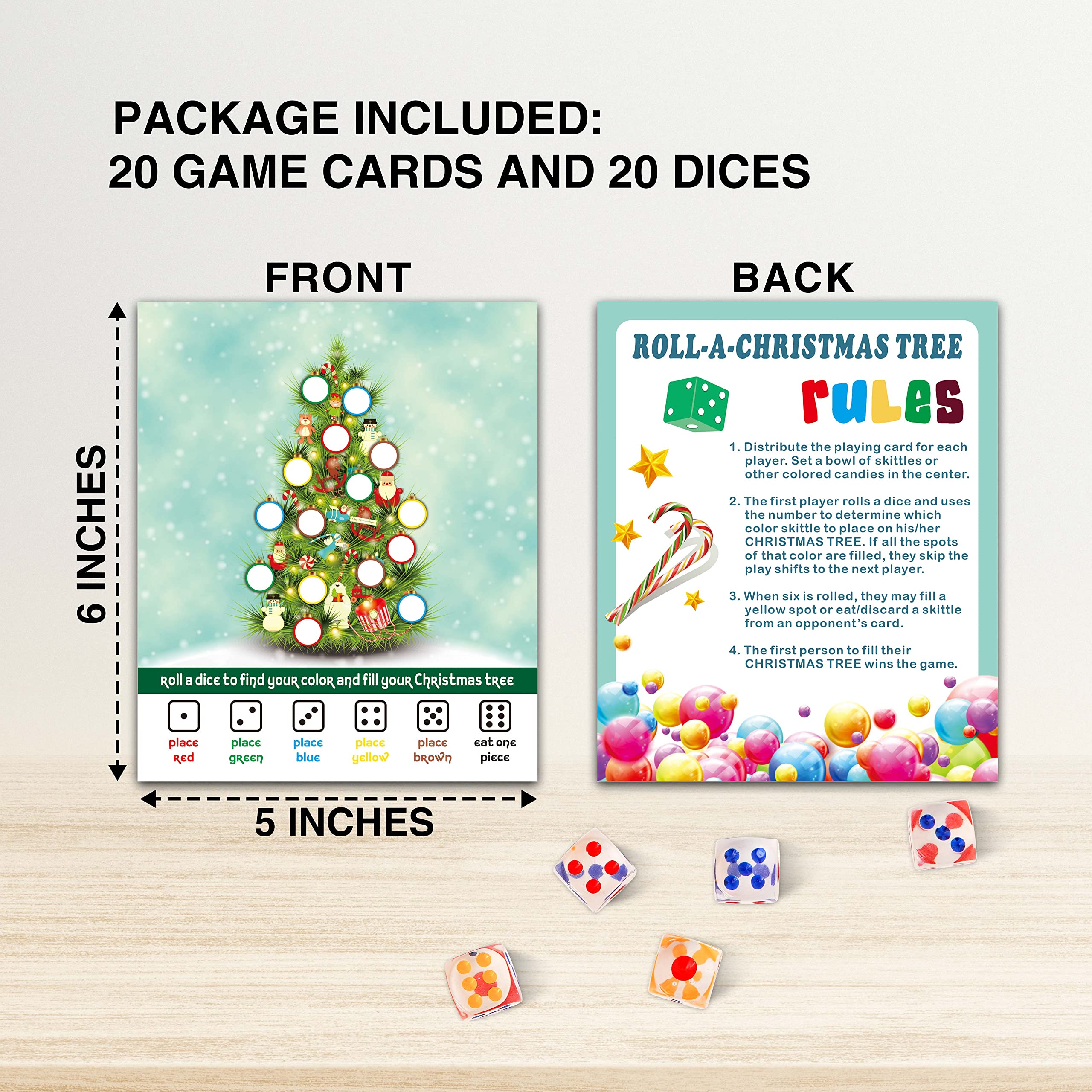 Christmas Party Roll The Dice Game, Kids Table Game, 20 Play Cards 20 Transparent Dices - 5 x 6 inches (MMgame-B004)