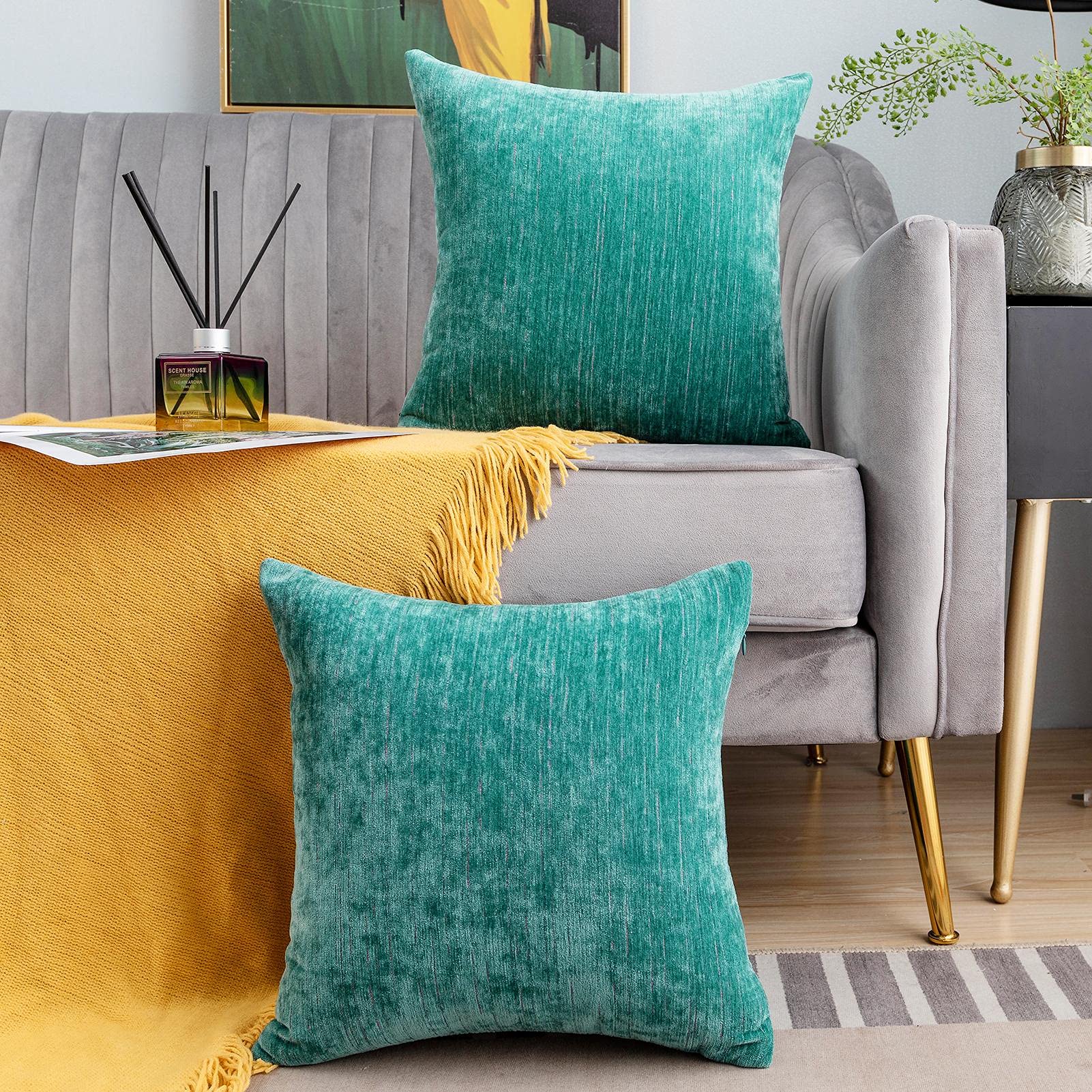 Lipo Thick Chenille Pillow Covers 18x18- Set of 2 Decorative Euro Throw Pillows Cover, Soft Cushion Case, Home Decor Rustic Farmhouse for Couch, Bed, Sofa, Bedroom, Car (Turquoise, 18X18 Inch)