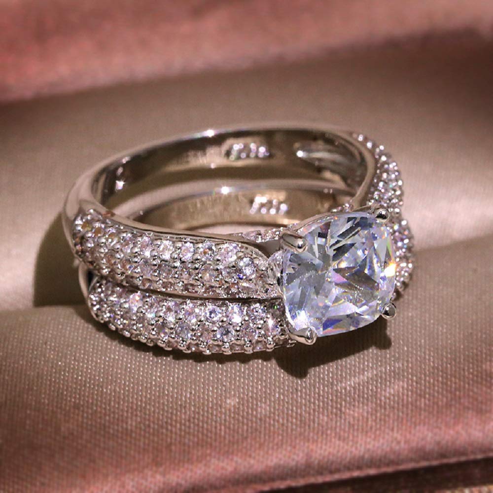 Bicheng 2-piece Zircon Super Bright Ring 925 Sterling Silver Crystal CZ Wedding Ring Engagement Ring Bridal Set Jewelry Gift (9)