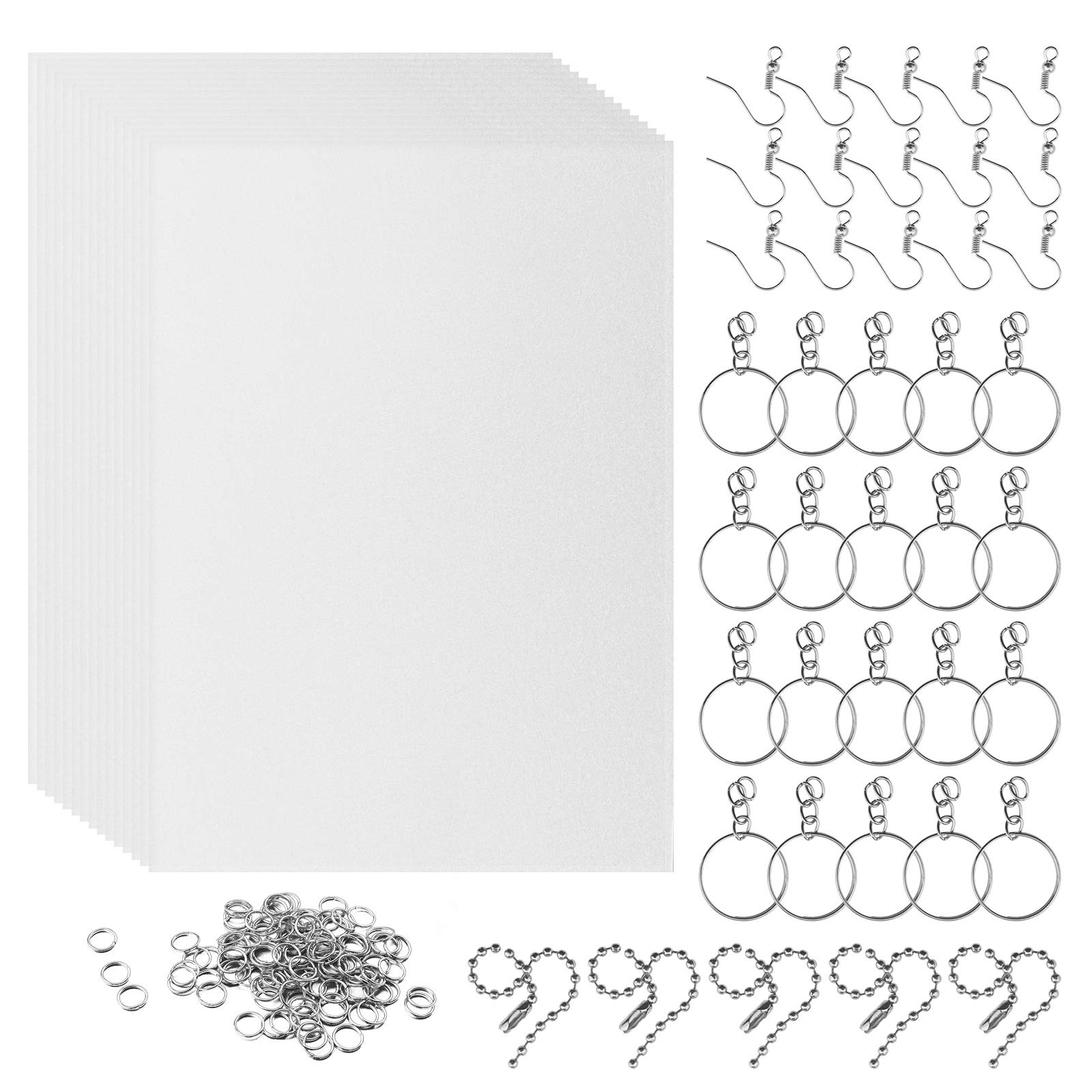 Micro Traders 155 Pcs Heat Shrink Plastic Sheet Kit Include 15 Pcs Shrinky Art Paper with 100 Pcs Open Jump Rings 20 Pcs Key Rings 15 Pcs Ear Hooks 5 Pcs Bead Chains for DIY Creative Craft Tool