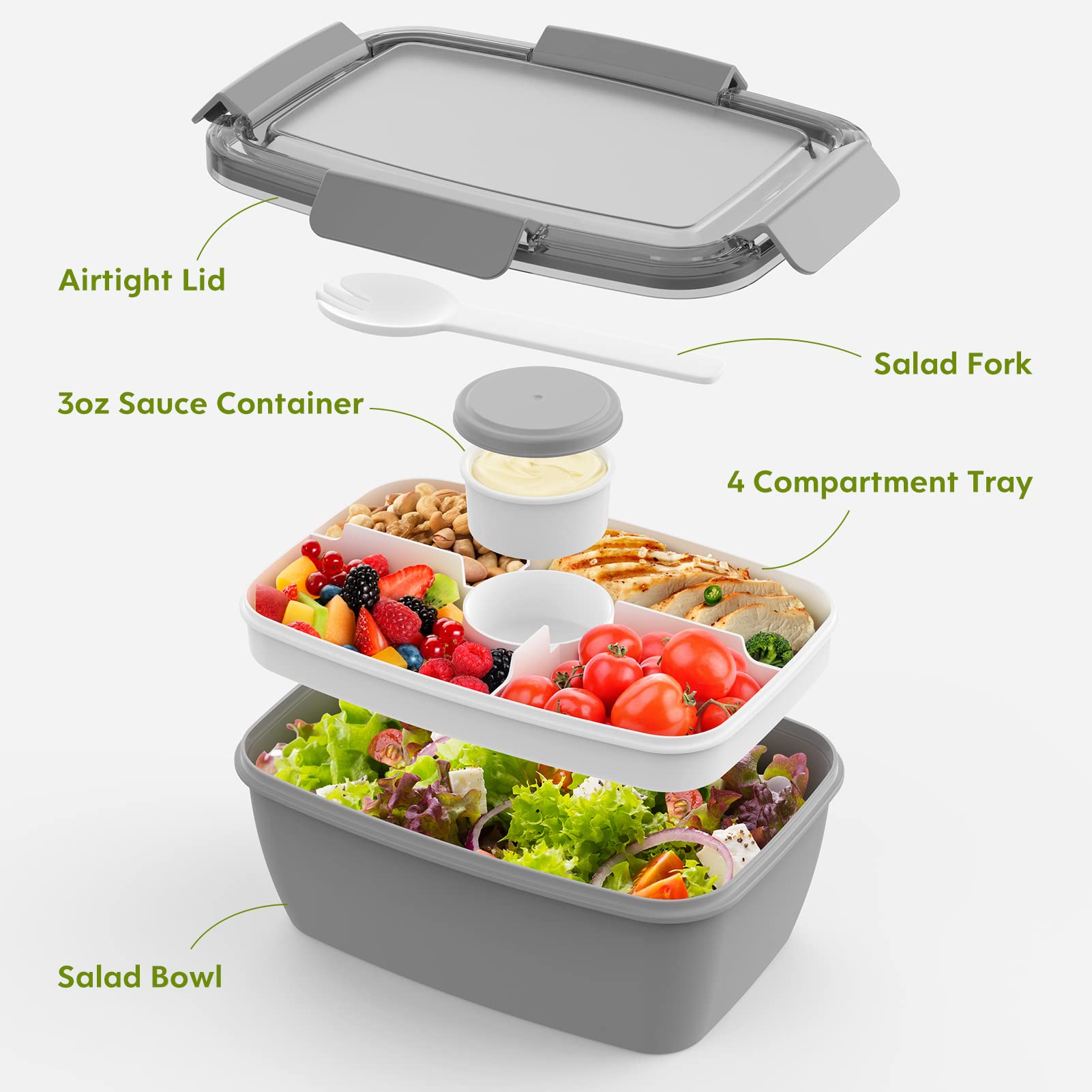 Cherrysea Salad Lunch Container, 68oz Salad Bowls with 4 Compartments Tray,Leak Proof Lunch Box with Fork for Men,Women BPA-Free Snack Container with Sauce Container for Dressings-Grey
