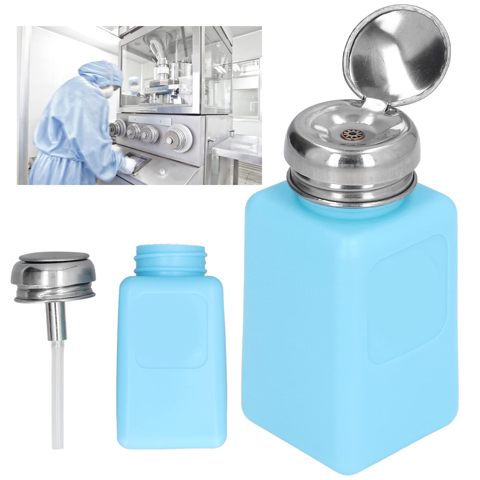 Oumefar 200ML Press Type Solvent Dispenser ESD Anti Static Square Bottle ESD Alcohol Dispenser Pump Bottle Liquid Dispenser with Stainless Steel Lid(Blue)