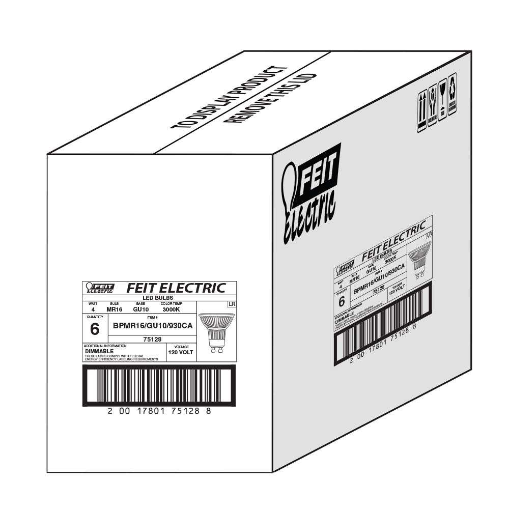 Feit Electric 4W LED MR16 GU10 Bulbs with 35W Equivalent, Dimmable, MR16 Bulbs, 22 Yrs. Lifetime, 300 Lumens, 3000K Warm White, 6 Packs - BPMR16/GU10/930CA/6