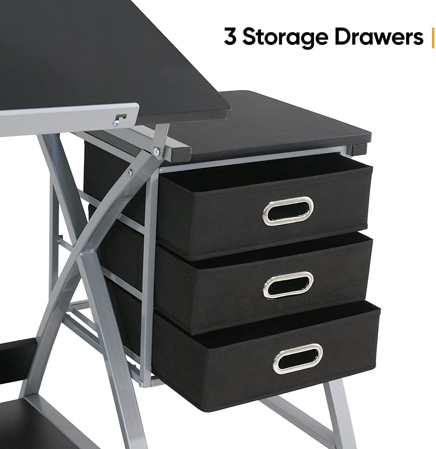 JupiterForce Drafting Table with Tiltable Tabletop and Stool, 3 Storage Drawers, Art Desks for Adults, Painters, Work Station, Home Office, Black
