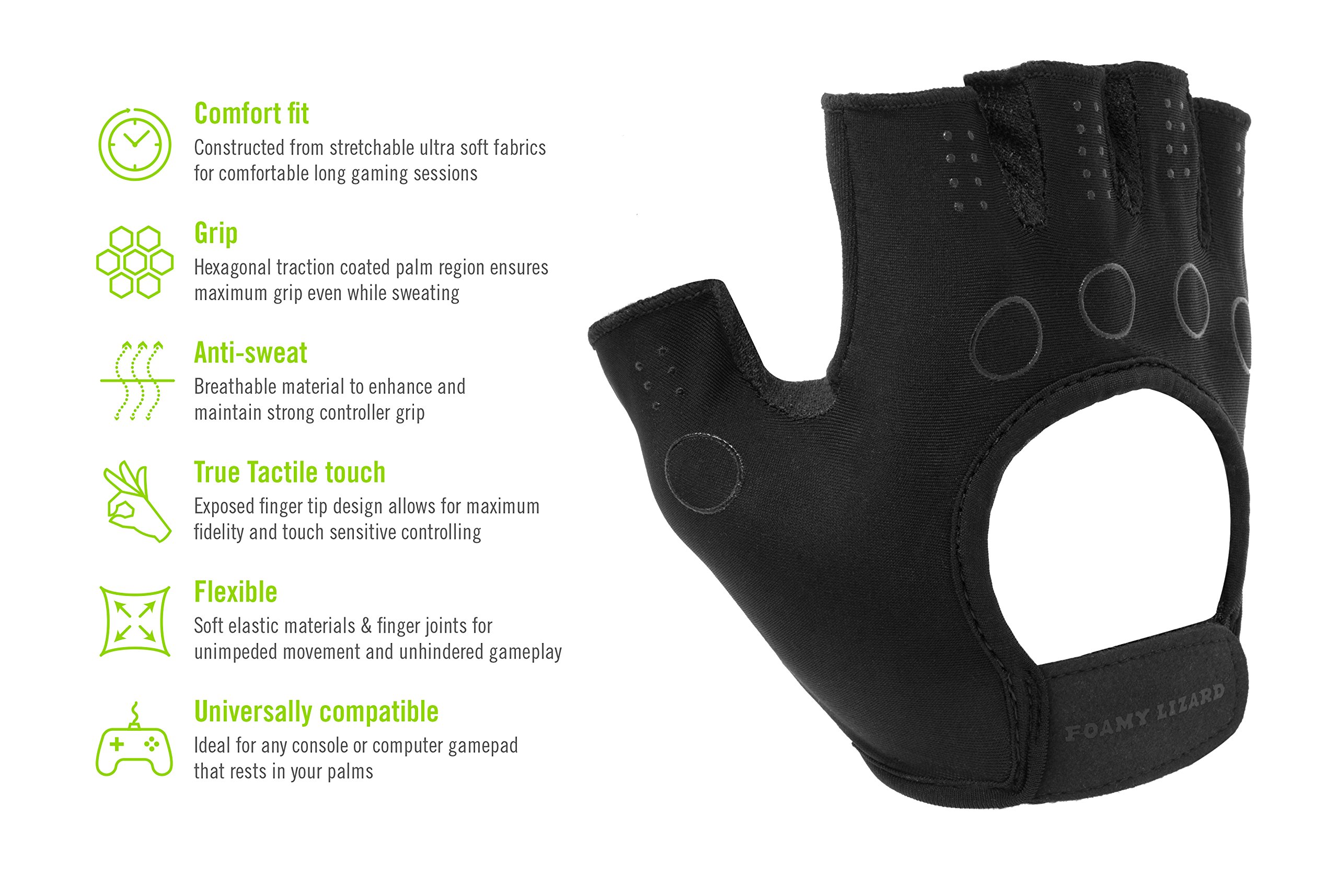 Foamy Lizard Gaming Grip Gloves Hexotech Pro Gamer Anti-Sweat Fingerless Tactical Gloves for Controller Grip for Xbox Series X, PlayStation 5 Dualsense (Pair of Gloves) SM