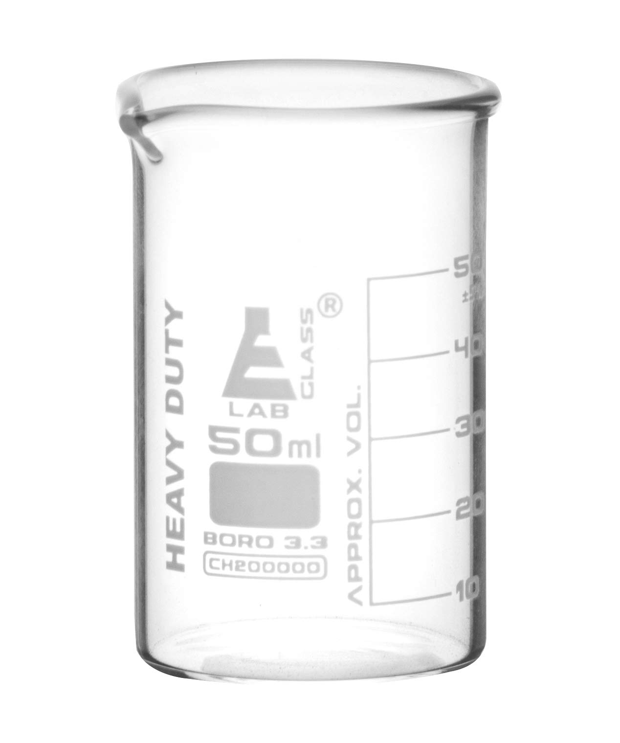 EISCO Heavy Duty Beaker, 50ml - 5mm Thick, Uniform Walls - Superior Durability & Chemical Resistance - White Graduations - Borosilicate 3.3 Glass