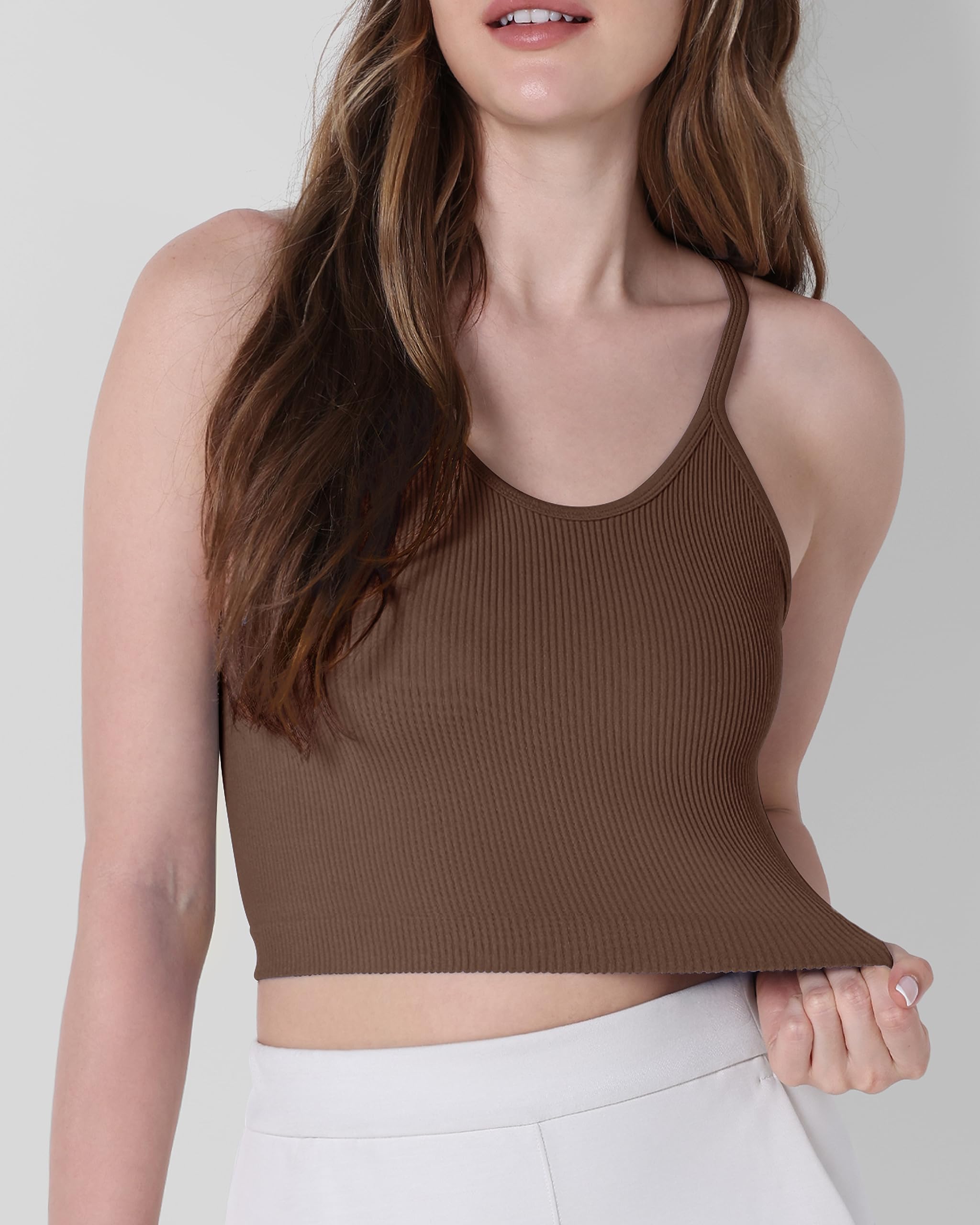 ASLABCREW Women's Crop 4 Piece Seamless Ribbed Camisole Strappy Cropped Tank Tops, Mushroom+Clay+Brunette+Wine, Medium/Large