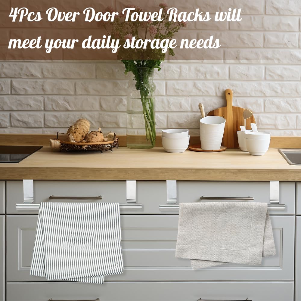 IBEQUEM 4Pcs Towel Rack for Cabinet, Stainless Steel Over Cabinet Towel Rack, Adjustable Kitchen Towel Holder, Towel Bar Holder for Universal Fit on Kitchen Bathroom Over Cabinet Cupboard (Silver)