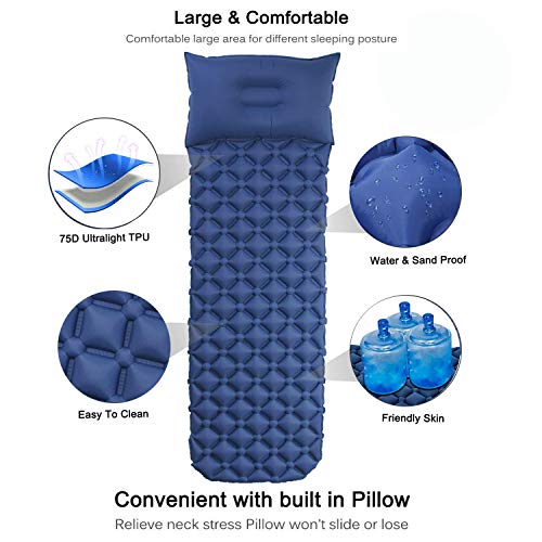 Camping Sleeping Pad - Mat Hiking Air Mattress Lightweight, Inflatable & Compact, Camp Sleep Pad with Pillow for Backpacking Traveling (Blue)
