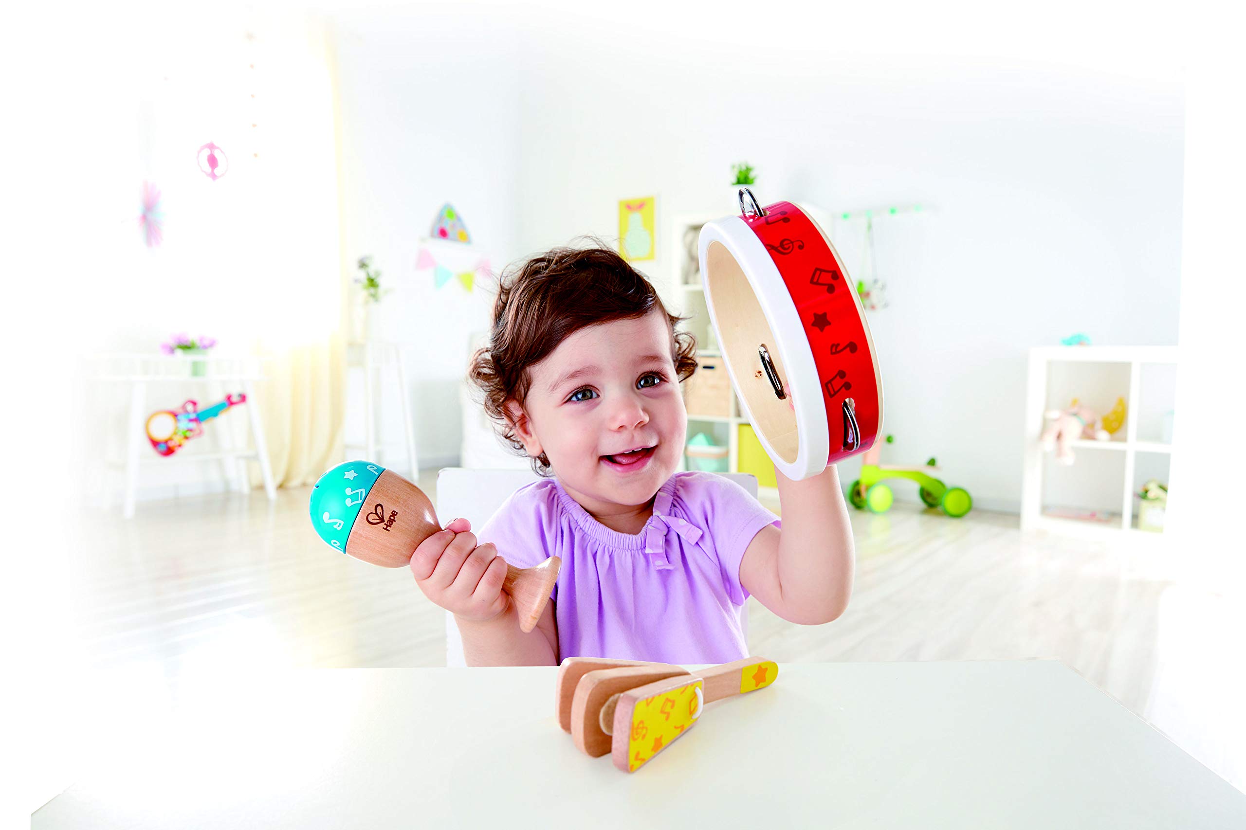 Hape Junior Percussion Set | 3 Piece Wooden Percussion Instrument Set for Toddlers, E0615