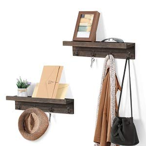LIANTRAL Coat Rack Wall Mount, Set of 2 Wall Shelf with Hooks, 4 Coat Hooks & Wood Shelf, Wall Hooks for Hats, Coats, Keys, Entryway, Mudroom, Living Room