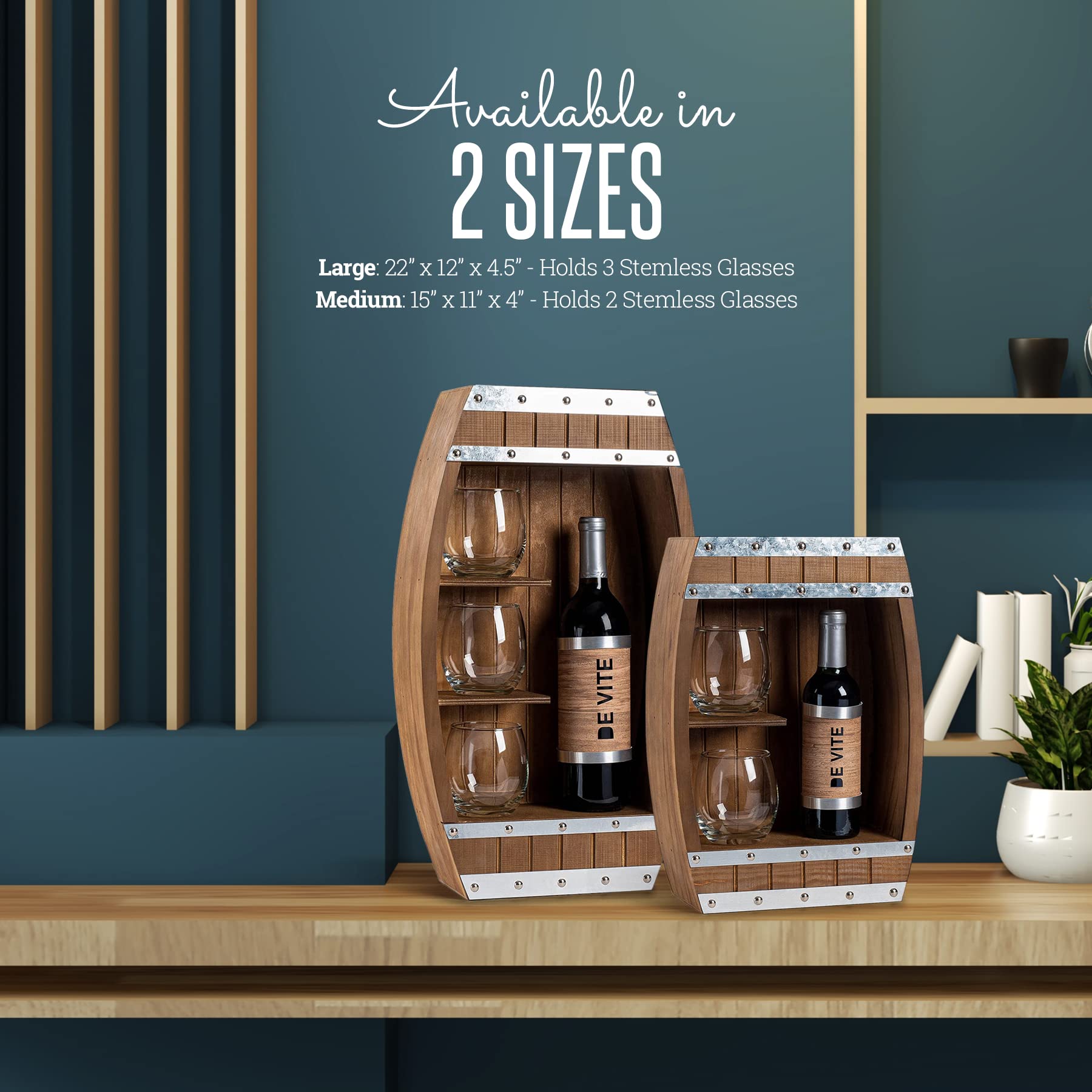 Wooden Wine Barrel Display - Pinewood Display Case with Sliding Cover Ideal for Wine Whiskey Scotch & More - 3 Built-In Shelves for Stemless Wine or Rocks Glasses, A Gift for Wedding or Any Occasion