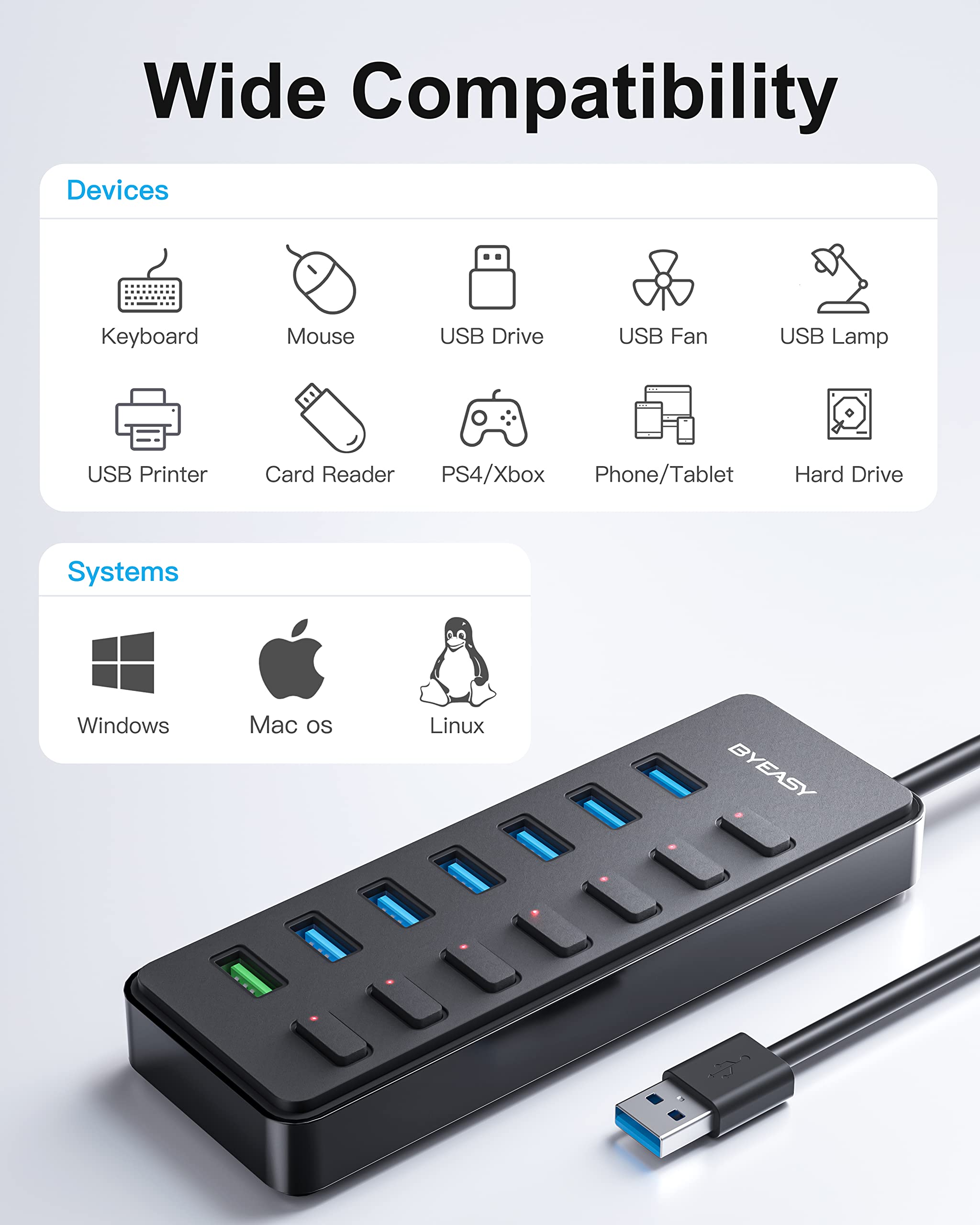 BYEASY 7 in 1 USB Hub with BC1.2 Smart-Charging Port, Powered USB 3.0 Hub with 5V/3A Power Adapter,USB Data Splitter with Individual Indicator for Notebook Laptop Tablet USB Flash Drives PC