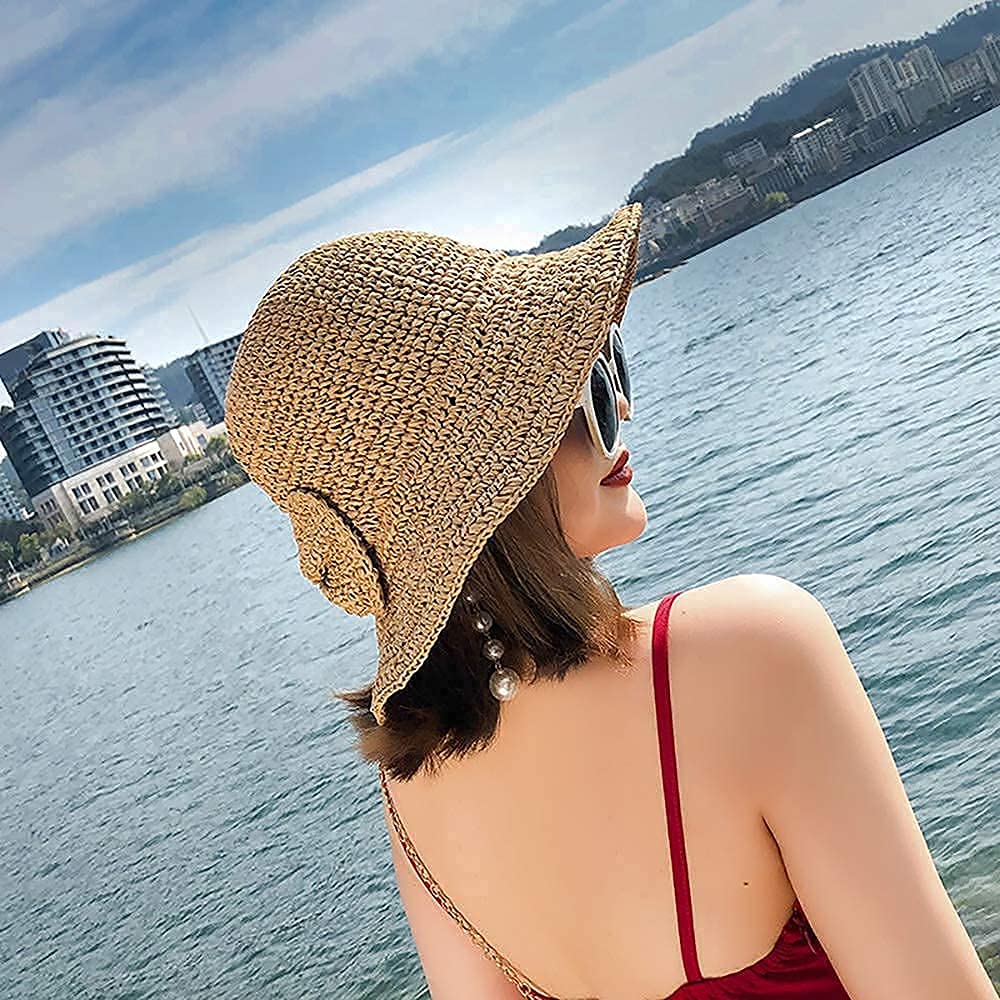 Foldable Wide Brim Floppy Straw Beach Sun Hat,Summer Cap with Bowknot for Women Girls,Strap Adjustable (2 Pack Beige & Khaki)