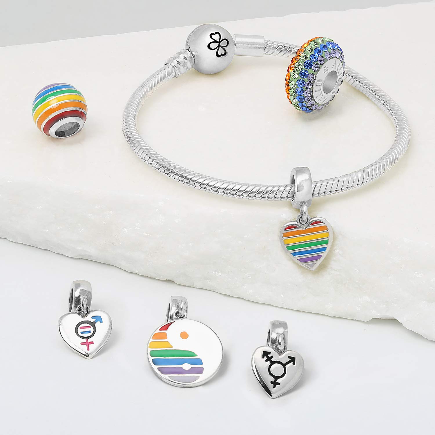 Bling Jewelry Unisex .925 Sterling Silver Inspiration LGBTQ Rights Symbol Rainbow Disc Tag Heart Dangle Bead Charm Personalized Engraved