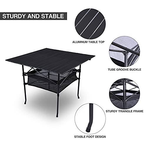 CAMPMOON Aluminum Camping Table Roll Top with Mesh Storage, Folding Lightweight Roll Up Table Square for Outdoor Camping Grill, Black, 34.6X34.6 Inch