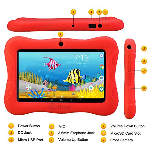 Contixo 7 Inch Kids Learning Tablet - Parental Control 32GB Android 11, for at Home School Children Infant Toddlers - Pre-Loaded Disney E-Books Apps, Child-Proof Case, Great Gift for Children (Red)