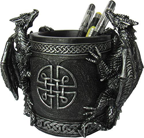 DWK - Literary Beasts - Twin Double Dragon Celtic Gothic Pen Pencil Desk Organizer Makeup Brush Holder Art Supply Caddy Home Office Accent Storage Accessory, Antique Silver Pewter, 6.5-inch