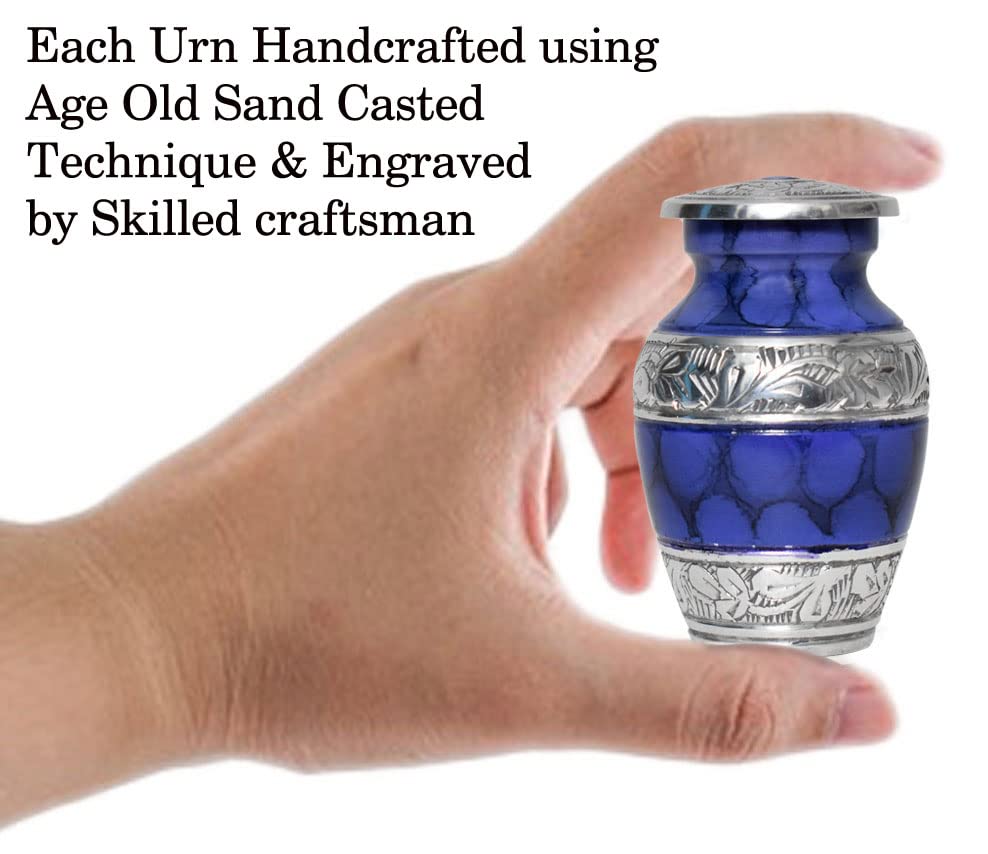 BOLD & DIVINE Small Cremation Urns for Human Ashes | Set of 6-3 Cubic Inches | Mini Keepsake Blue and Silver with Velvet Case