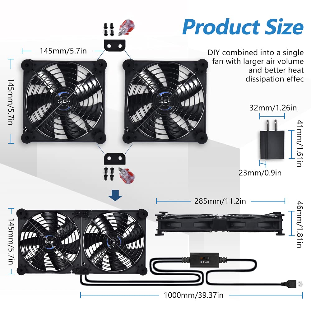 SCCCF Dual 140mm USB Speed Control Fan, 5V Portable Cooling Fan for Flat-Screen TV Receiver Router DVR Playstation Xbox Computer Cabinet Cooler