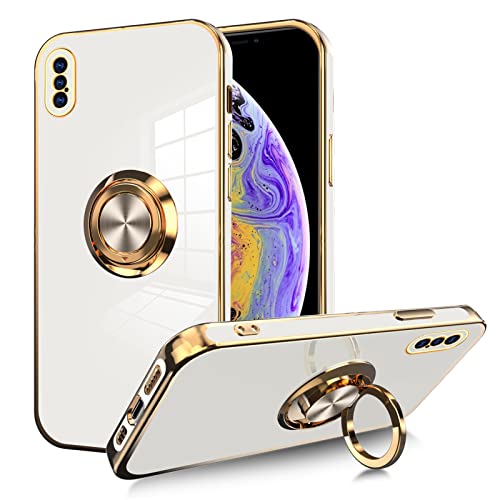 KANGHAR Compatible with iPhone Xs Max Case for Women Girls, Plating Built-in 360 Rotation Magnetic Ring Kickstand Holder Soft Slim Shockproof Bumper Protective Cover (White)