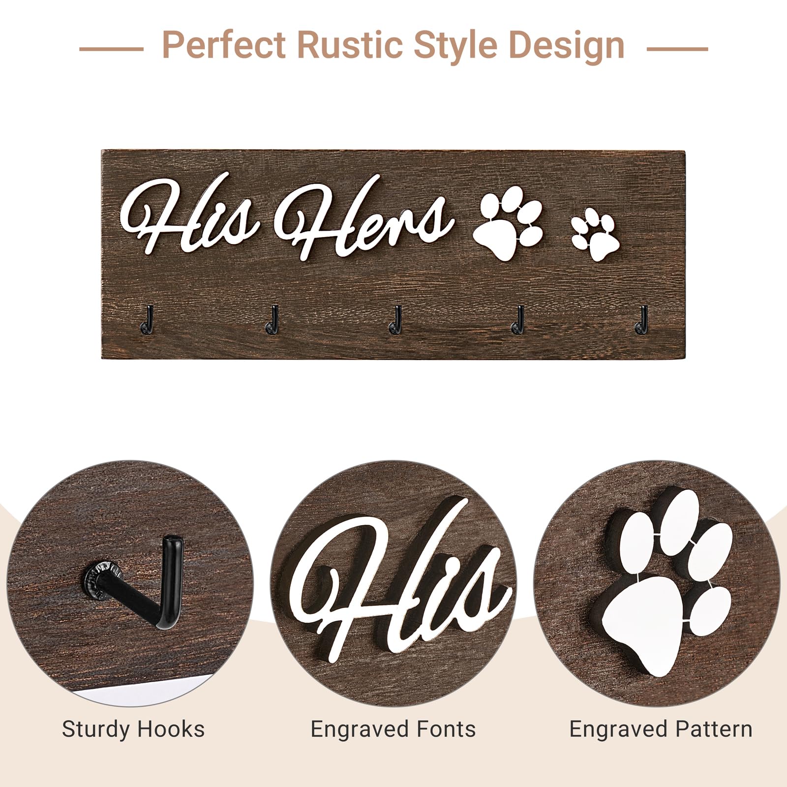 Dahey Dog Leash Holder Key Holder for Wall Decorative Wood Key Hook Hanger with 5 Hooks Farmhouse Key Rack Organizer Display for Entryway Hallway Office Home Decor, 10.2" x 0.5" x 3.7"