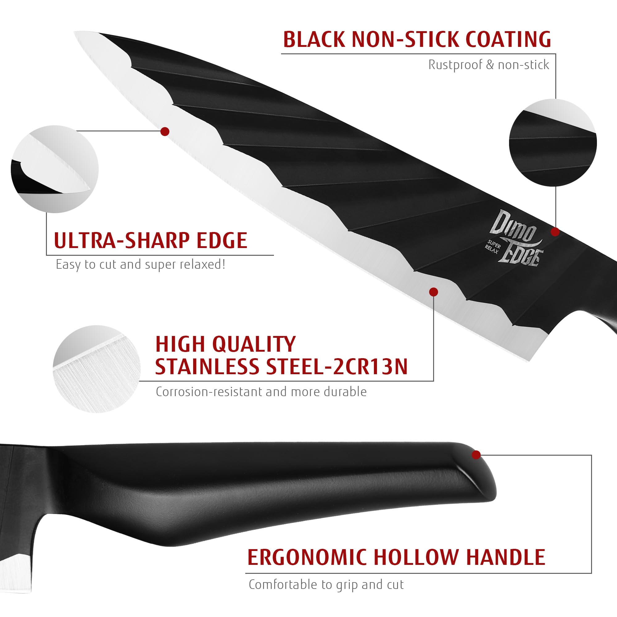 Dimoedge Kitchen Knife Block Set with Built-in Sharpener, Ultra-Sharp 13-Piece Stainless Steel Knives with Ergonomic Hollow Handle