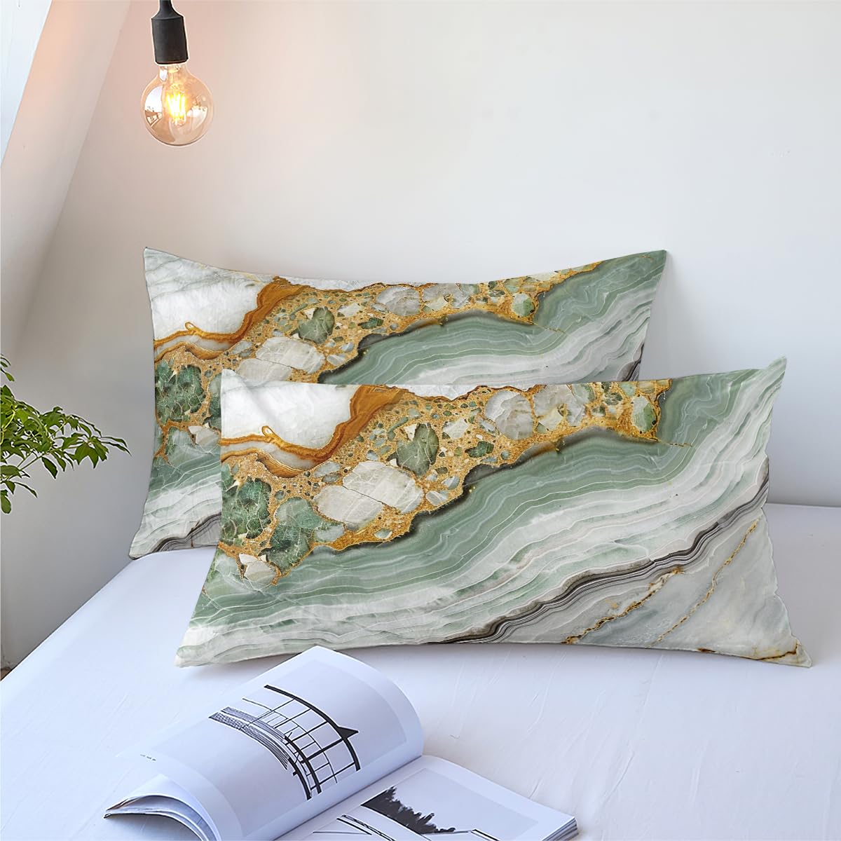CCoutueChen Sage Green Marble Duvet Cover Queen Size Gold Foil Print Comforter Bedding Set Green White Marble Duvet Covers Set Modern Abstract Comforter Cover with 2 Pillowcases(Girls Women Adult)