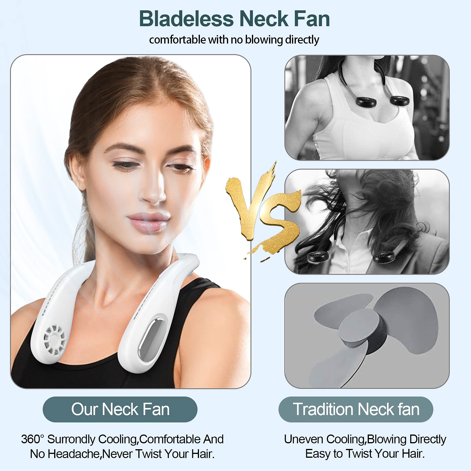 Bladeless Neck Fan, Portable fan Rechargeable, Hands-Free 360° Cooling Wearable Personal Fan, Quiet and Strong Wind, USB Powered Desk Fan, 3 Speeds (White)