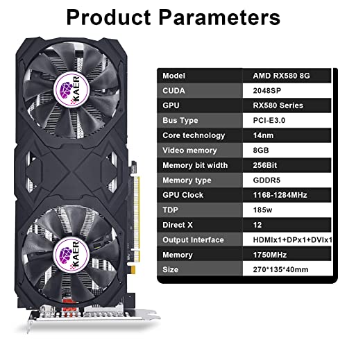 KAER RX580 8GB Graphics Card GDDR5 256bit Computer Graphics Card with Dual Fans 1284/7000MHz,PCI Express 3.0 Gaming Graphics Card, DVI HDMI DP Desktop