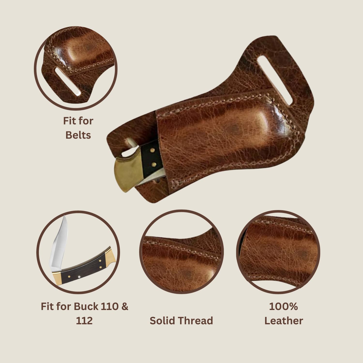 Custom Leather Sheath for Buck 110 Or 112, Water Buffalo Antique Brown Leather Sheath, Right-Hand Cross Draw to Fit on The Left-Side, Strong and Durable, Sheath Only