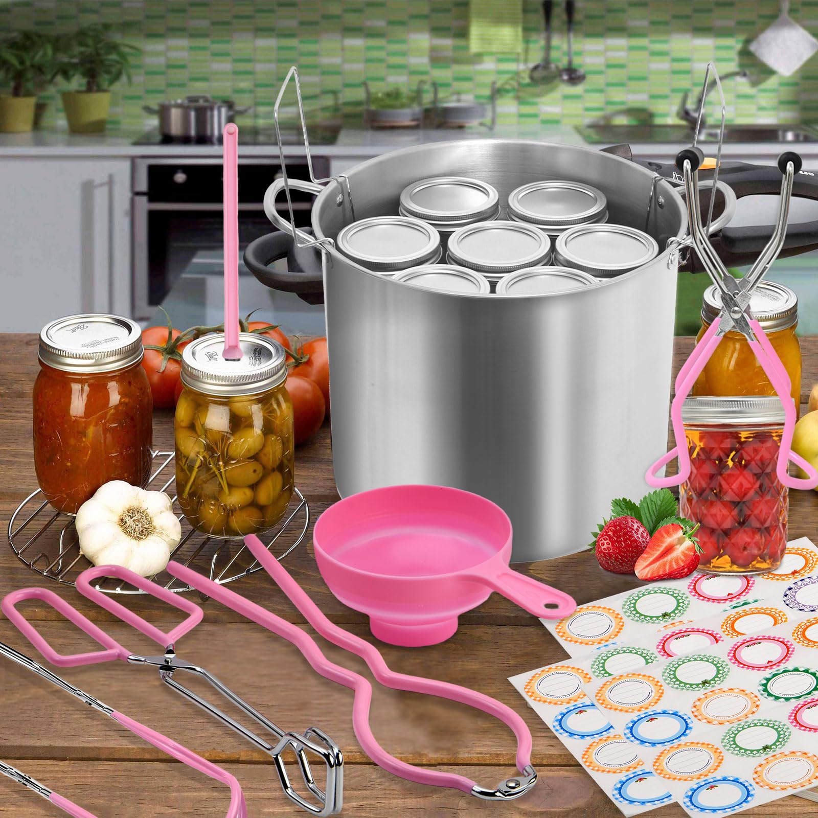 Canning Pot Water Bath Canner with Rack and Lid, 21.5 Quart Stainless Steel Stock Pots, Canning Supplies Starter Kit, Jar Lifter Tongs, Funnels and Full Canning Accessories Tools Set, Pink