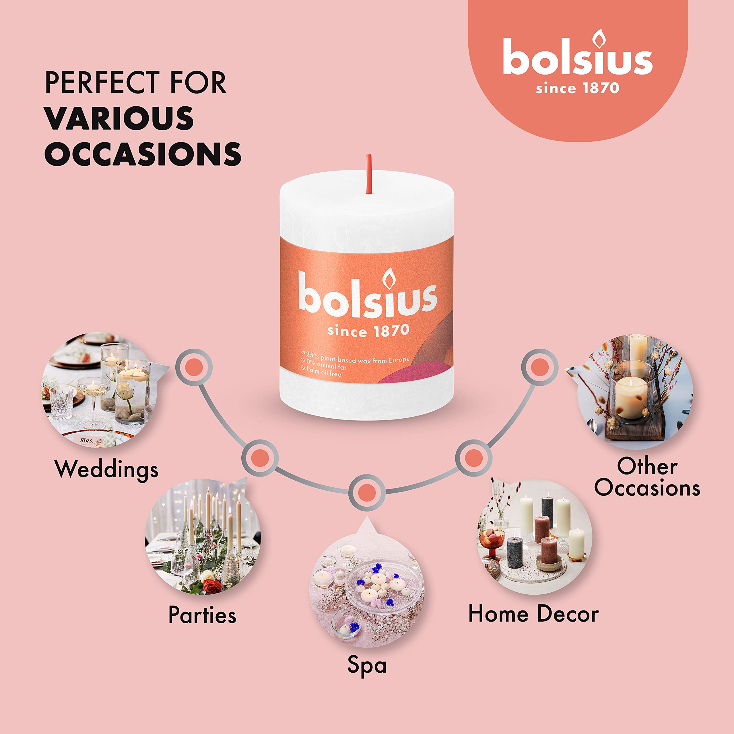 BOLSIUS Soft Pink Rustic Pillar Candles 6 Pack Bulk - 2.75 x 3.25 Inches - 30 Hours Burn Time - Premium European Quality - Smooth And Smokeless Flame - Unscented Dripless Wedding & Party Décor Candles