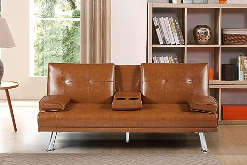 Convertible Folding Futon Sofa Bed with Metal Legs & 2 Cupholders, Modern Fabric Leather Upholstered Couch Loveseat Sleeper, Folding Couches Bed, Removable Armrests for for Small Spaces (Brown+New)