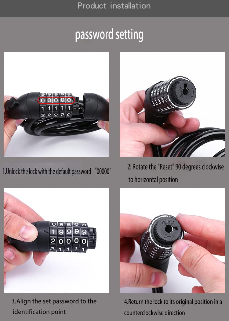 Bike Lock Durable with Mount,5-Digit Combination Lock Core Steel Wire Bike Lock Security&Portable Bicycle Locks