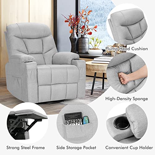 Giantex Swivel Rocker Recliner Chairs with Massage and Heating, 360 Degree Swivel Single Sofa w/Remote Control, 4 Pockets & 2 Cup Holders, Glider Chair for Nursery Living Room Bedroom (Grey)