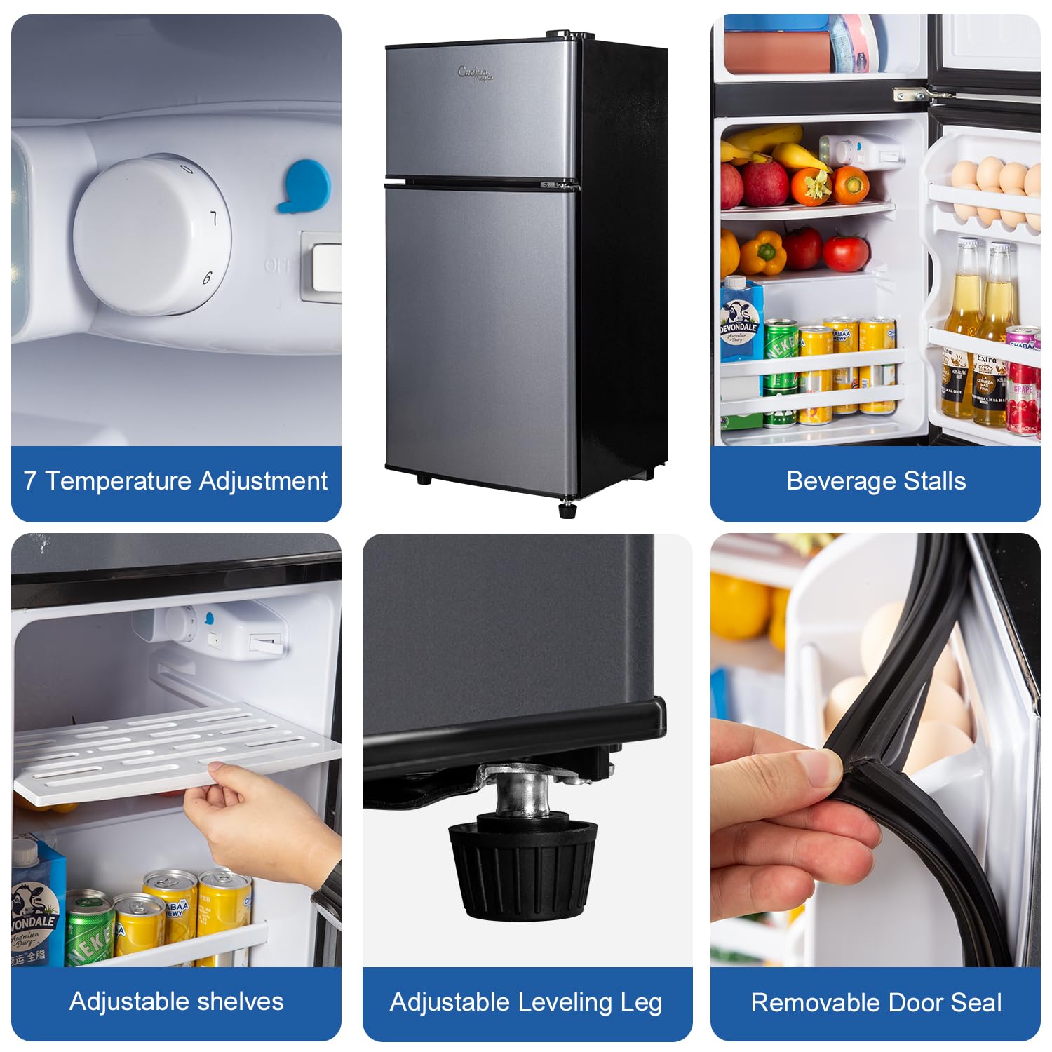 Cucina Magica Mini Fridge with Freezer, 3.2 cuft Small Refrigerator, 7 Adjustable Thermostat, Energy Saving, Low Noise, Double Door Compact Refrigerator for Dorm, Bedroom, Office