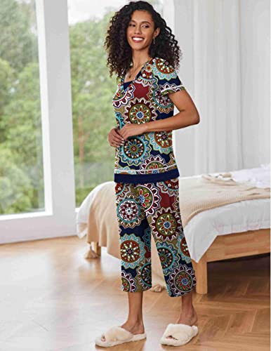 Ekouer Womens Pajama Set Summer Sleepwear Tops with Capri Pants Set Comfy Casual Prints Pj Sets