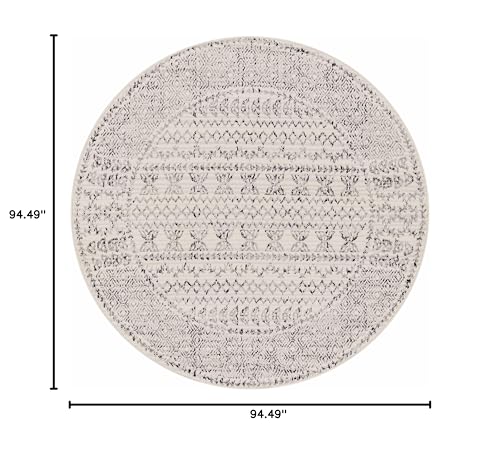 Hauteloom Greig Farmhouse Moroccan Geometric Area Rug - Boho Aztec Tribal Carpet for Living Room, Bedroom, Dining Room - Bordered - Off White, Black, Grey - 7'10" Round Rug