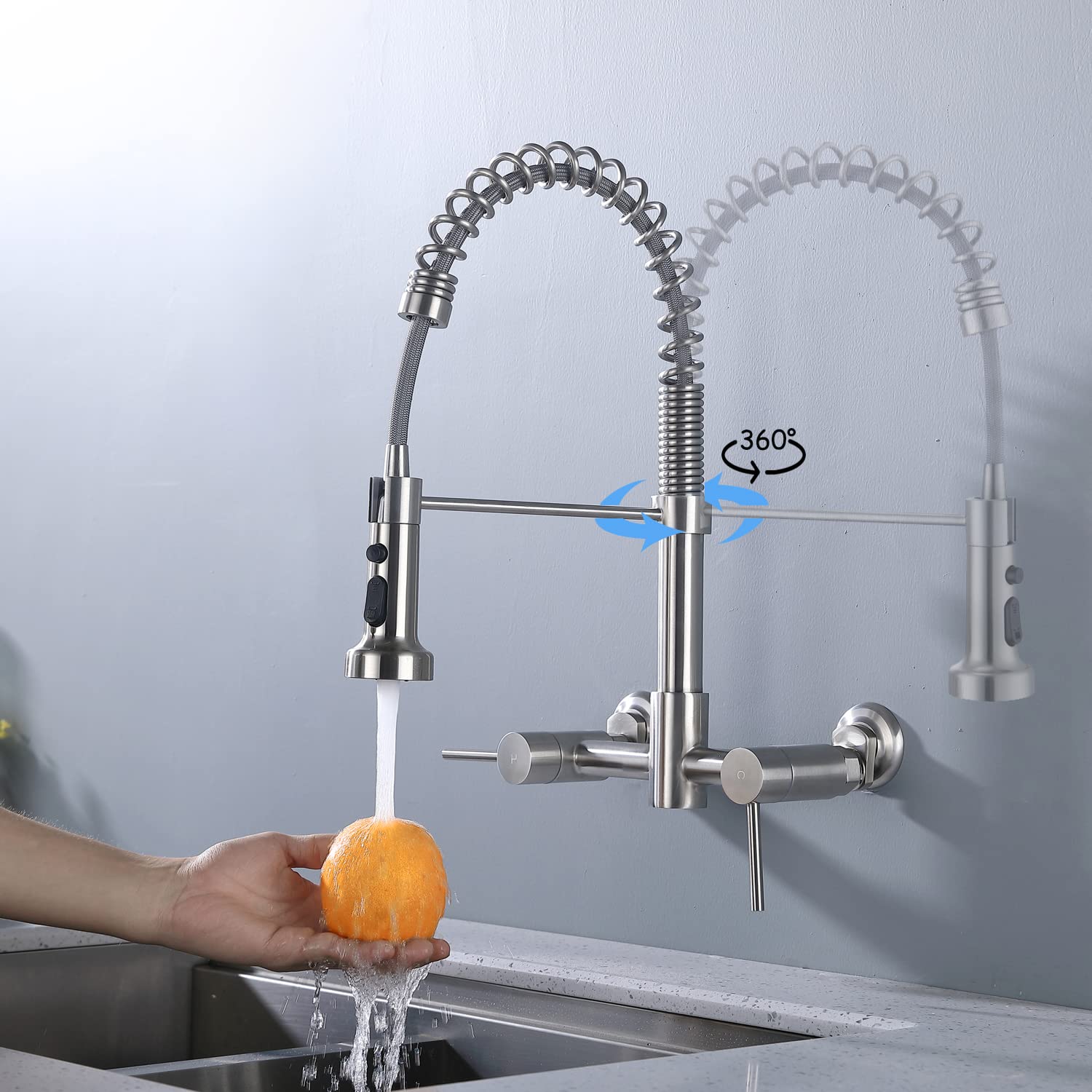 Fonveth Wall Mount Kitchen Faucet, 8 Inch Center Wall Mount Kitchen Sink Faucet with Pull Down Sprayer, Wall Mount Faucet with SprayerCommercial Wall Mount Faucet, Brushed Nickel