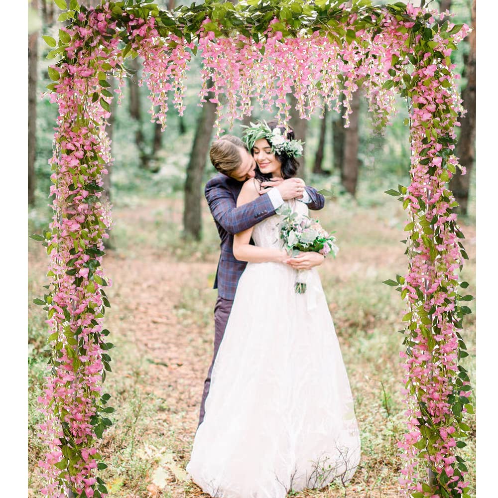 Lmeison Pink Wisteria Garland, 4Pcs Total 24ft Hanging Wisteria Flowers Silk Strings, Artificial Flowers Fake Plants Vine for Room Home Garden Outdoor Ceremony Wedding Arch Floral Decor