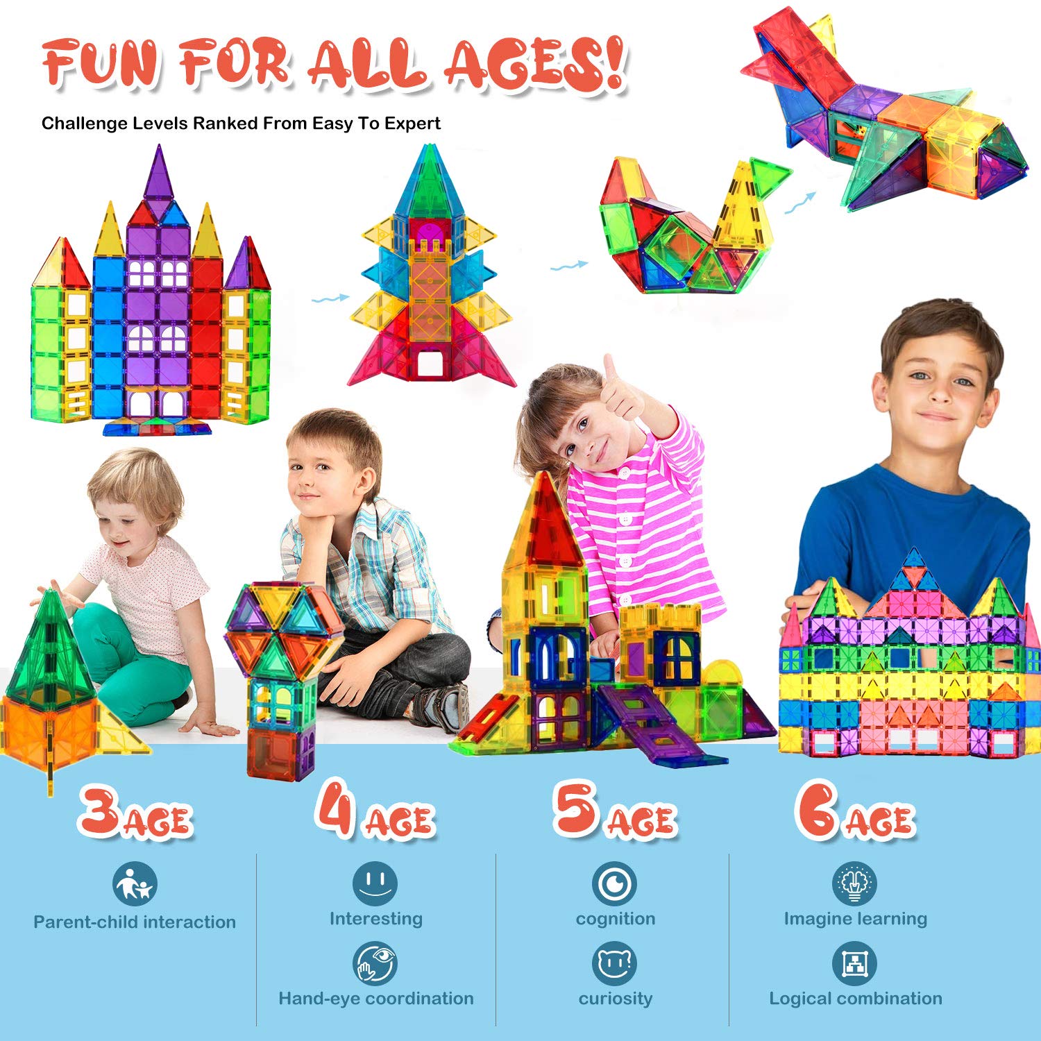Magnetic Building Tiles, 78pcs Colorful 3D Transparent Magnet Building Blocks Set, Educational Toy Gift for Kids Boys Girls (78PCS)