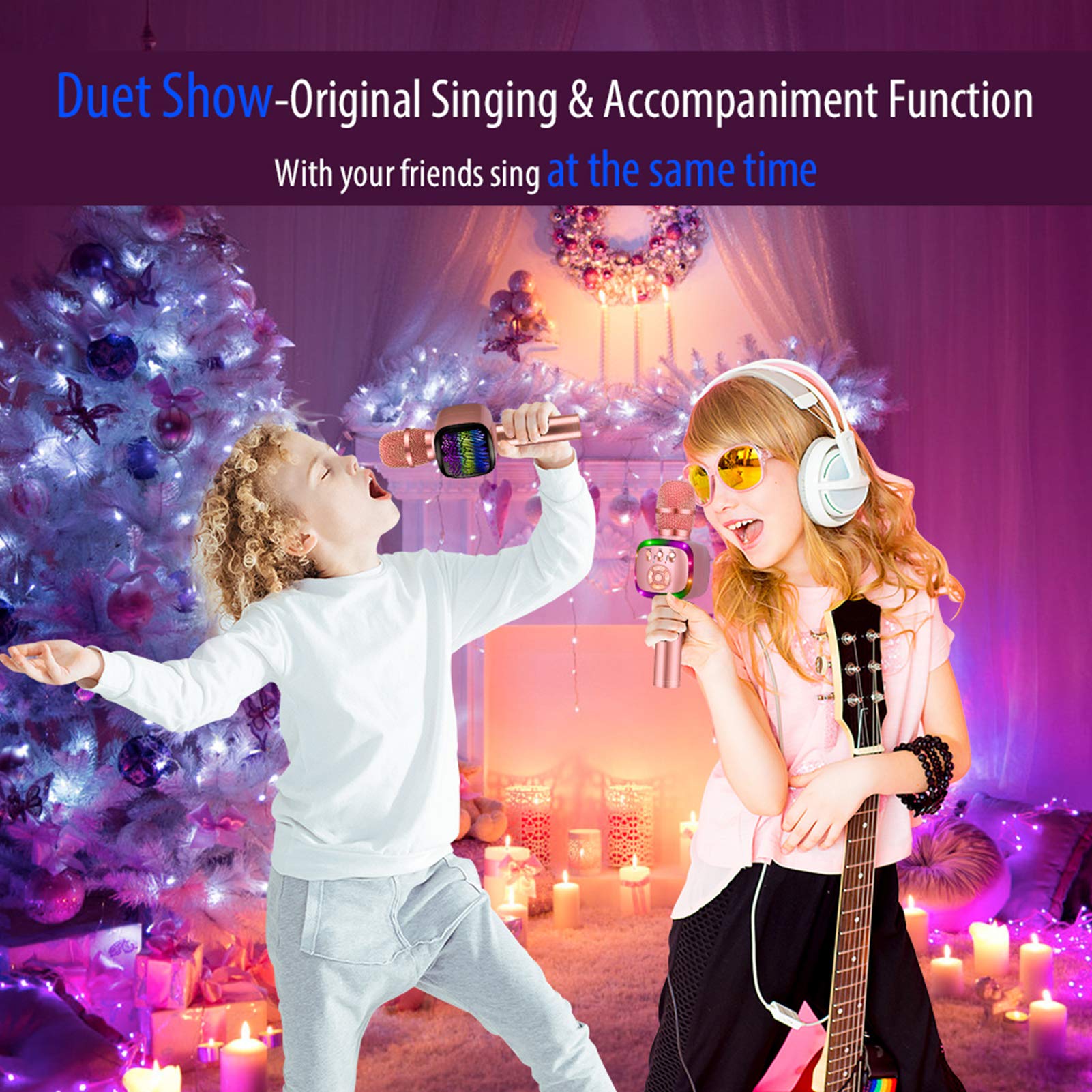 BONAOK Wireless Bluetooth Karaoke Microphone with Dual Sing, LED Lights, Portable Handheld Mic Speaker Machine for Kids Toys/PC/Outdoor/Birthday/Home/Party(Space Gray)