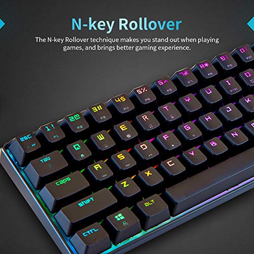 Wscoficey Gaming Office Keyboard RGB Backlight, Portable 68 Keys Ergonomic Design Metal Panel, Blue Switch Floating Key-caps for Windows PC Laptop Desktop