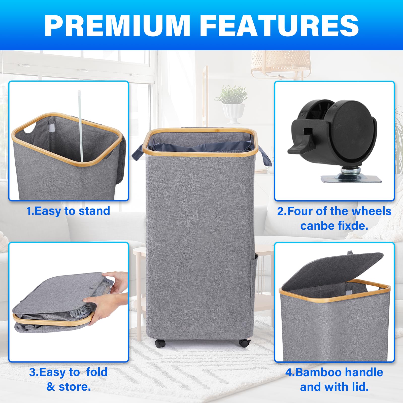 DoReFaSol Large Laundry Basket with Wheels,100L Hampers for Laundry,Freestanding Laundry Hamper with Lid and Bamboo Handles,Collapsible & Waterproof Tall Cloth Hamper for Dorm Family(Grey)
