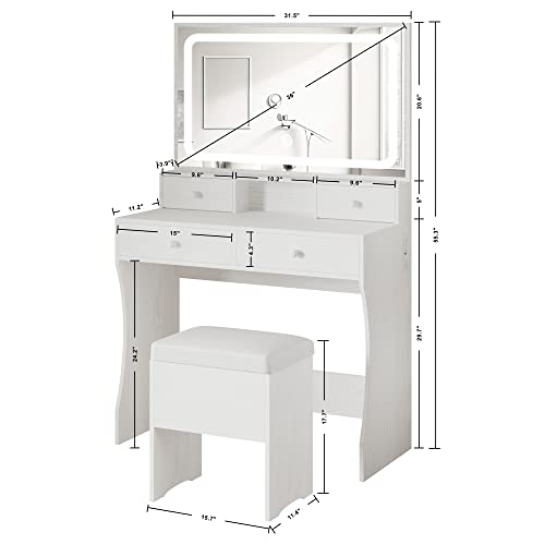 IRONCK Vanity Desk Set with LED Lighted Mirror & Power Outlet, Makeup Vanity Table with 4 Drawers,Storage Stool,for Bedroom, Bathroom, White